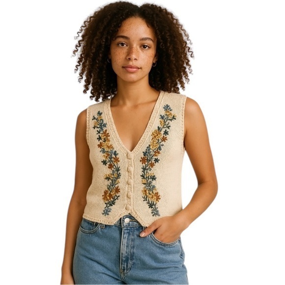 White Stag | Sweaters | White Stag Beige Floral Knit Embroidered Vest ...